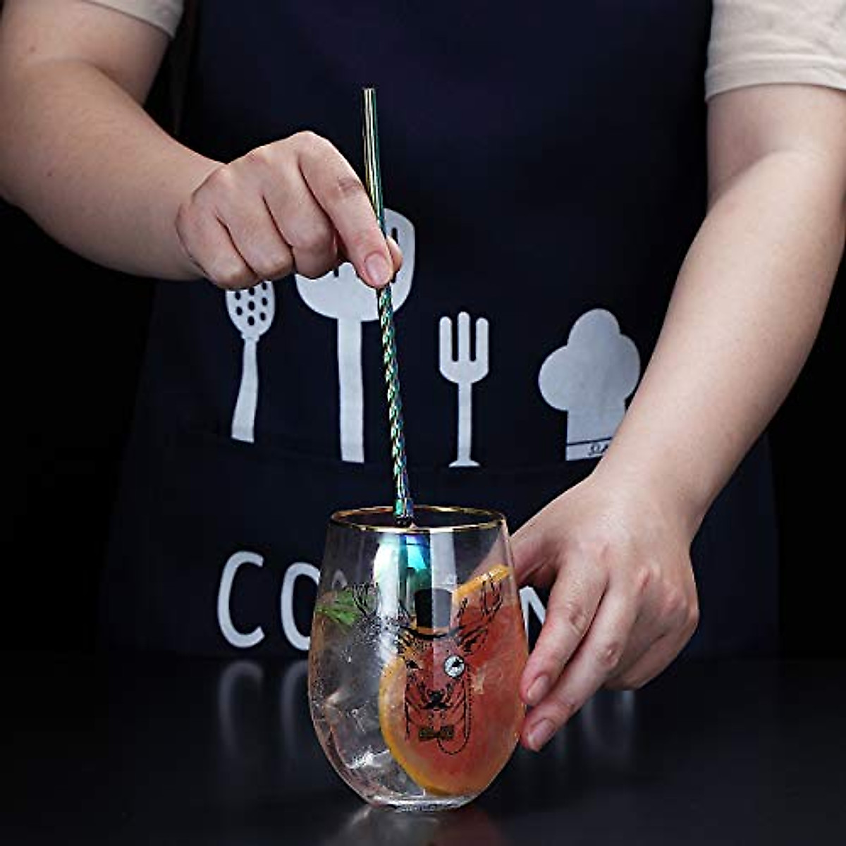 HOMQUEN Rainbow Iced Tea Spoon with Straw Handle for Drinking, 4 Pieces 8.7" Stainless Steel Titanium Rainbow Plating Long Handle Bar Spoon Silverware for Mixing and Stirring