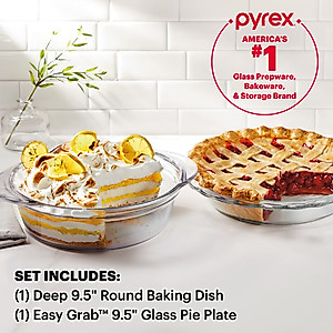 Pyrex Deep 2-Pack (9.5") Glass Baking Dish Set, Round Pie Glass Bakeware, Dishwasher, Microwave, Freezer & Pre-Heated Oven Safe