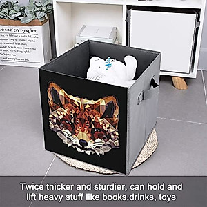 Geometric Fox PU Leather Collapsible Storage Bins Canvas Cube Organizer Basket with Handles