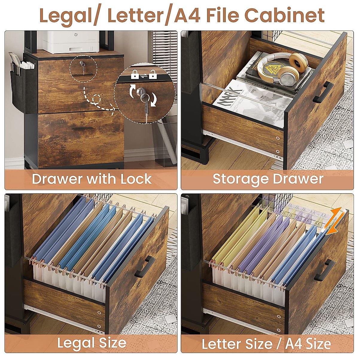 Itaar 2 Drawer File Cabinet with Lock, Filing Cabinet fits Letter, Legal, A4 Size, Hanging File Folders, File Cabinets for Home Office with Adjustable Storage Shelf and Hook, Rustic Brown