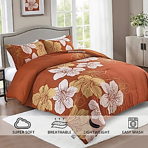 Menghomeus Terracotta Comforter Set King Gold Floral Bedding Burnt Orange Botanical Bedding Sets Lightweight Thanksgiving Bed Comforter Set (1 Comforter, 2 Pillowcases)