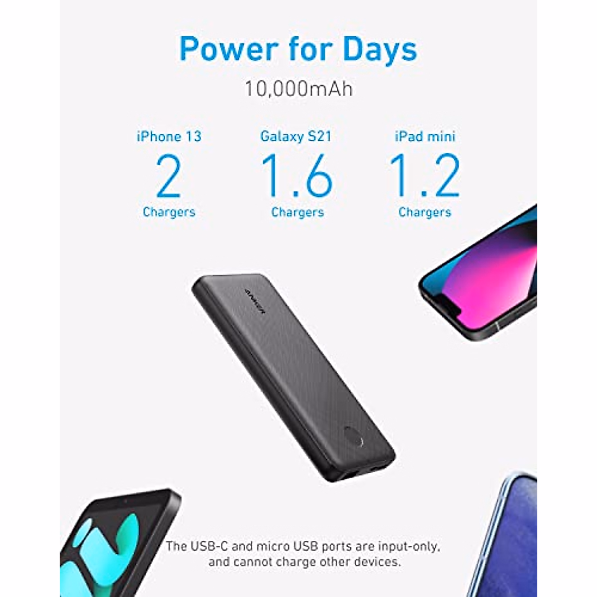 Anker Portable Charger, 313 Power Bank (PowerCore Slim 10K) 10000mAh Battery Pack with USB-C (Input Only) and High-Speed PowerIQ Charging Technology for iPhone, Samsung Galaxy, and More.