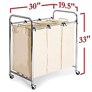 Seville Classics Laundry Hamper Sorter Cart Mobile Premium 3-Bag Heavy-Duty, Chrome