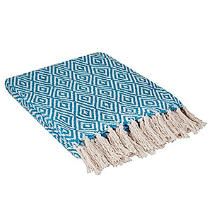 100% Cotton Throw Blanket 50x60 - Turquoise Throw Blanket with Fringe - Soft Lightweight Bed Throw for Couch, Chair - Cozy Farmhouse Throw Blanket - Decorative Throw Blanket - Home Living Room Decor