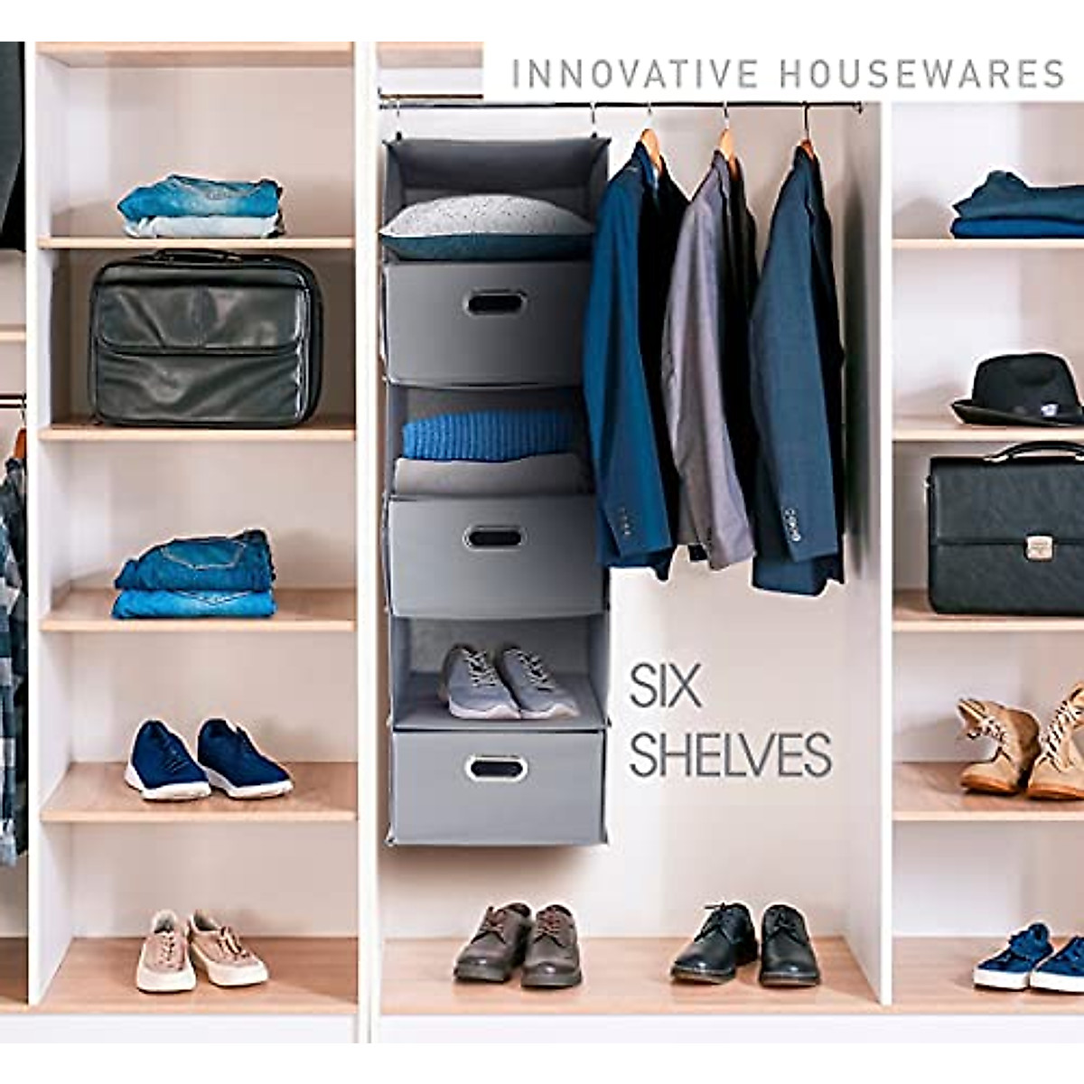 Closet Organizer Hanging Shelves, 6 Shelf Closet Storage with 5 Storage Drawers & Purpose Made Pockets, Jewelry Shoe Organizer Drawer Organizers, Perfect for Organization and Storage (Light Grey)