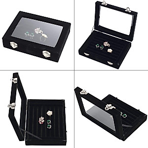 Basuwell Earring Storage 7 Slots Velvet Jewelry Tray for Drawers Glass Clear Lid Showcase Display Ring Organizer Earring Ring Trays Holder Cufflink Showcase-Black