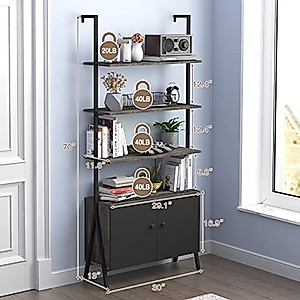 Usinso Wood Metal Ladder Bookshelf, Industrial 4-Tier Black Bookcase with Wide Storage Cabinet, Rustic Brown Bookshelf for Living Room, Shelves for Storage Bedroom, 30L x 13W x 70H Inch