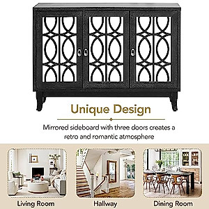 Voohek Glass Mirrored Doors and Adjustable Shelf, Buffet Cabinet with Drop-Shaped Silver Handle for Living, Hallway, Dining Room, Black Sideboard