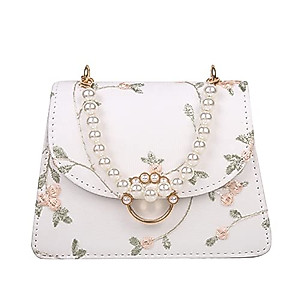 FAJIA Small Embroidered Satchel Crossbody Bag PU Leather Handbag with Faux Pearl Top Handle for Women, White