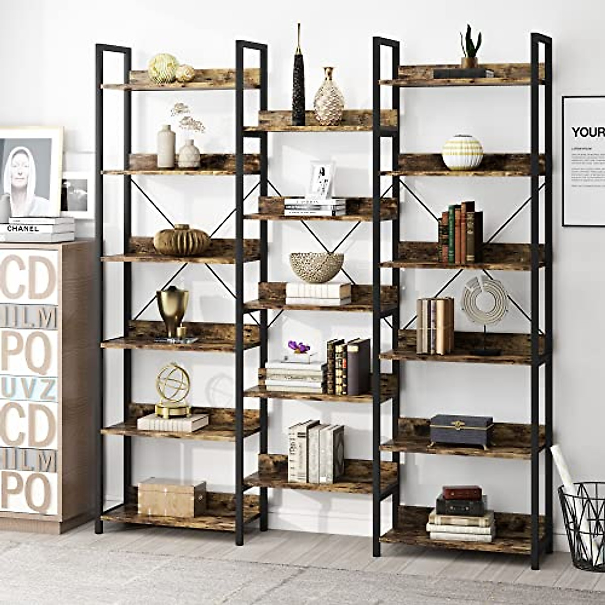 PAKASEPT 6-Shelf Corner Bookshelf, Triple Wide 6-Tier Bookcase, Large Modern Corner Shelf with Metal Frame, Open Bookshelves for Living Room Home Office, Rustic Brown