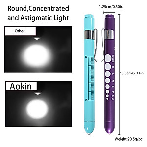 Aokin Pen Light with Pupil Gauge, Reusable LED Penlight Medical for Doctor Nurse Diagnostic etc, White Light, Sky Blue and Purple