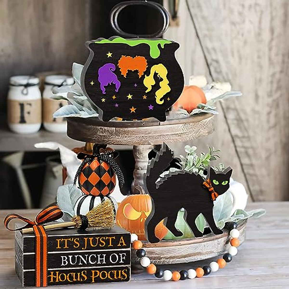 5PCS Halloween Wooden Signs Hocus Pocus, Decorative Wooden Faux Books Stack Black Cat Wood Table Signs, Cauldron Witches Sisters Halloween Tiered Tray Decor for Halloween Party Home Decorations