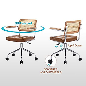 Zesthouse Modern Home Office Chair Leather Desk Chair with Natural Rattan Back, Vanity Chair for Girls Women, Upholstered Tufted Swivel Armchair, Height Adjustable Computer Task Chair