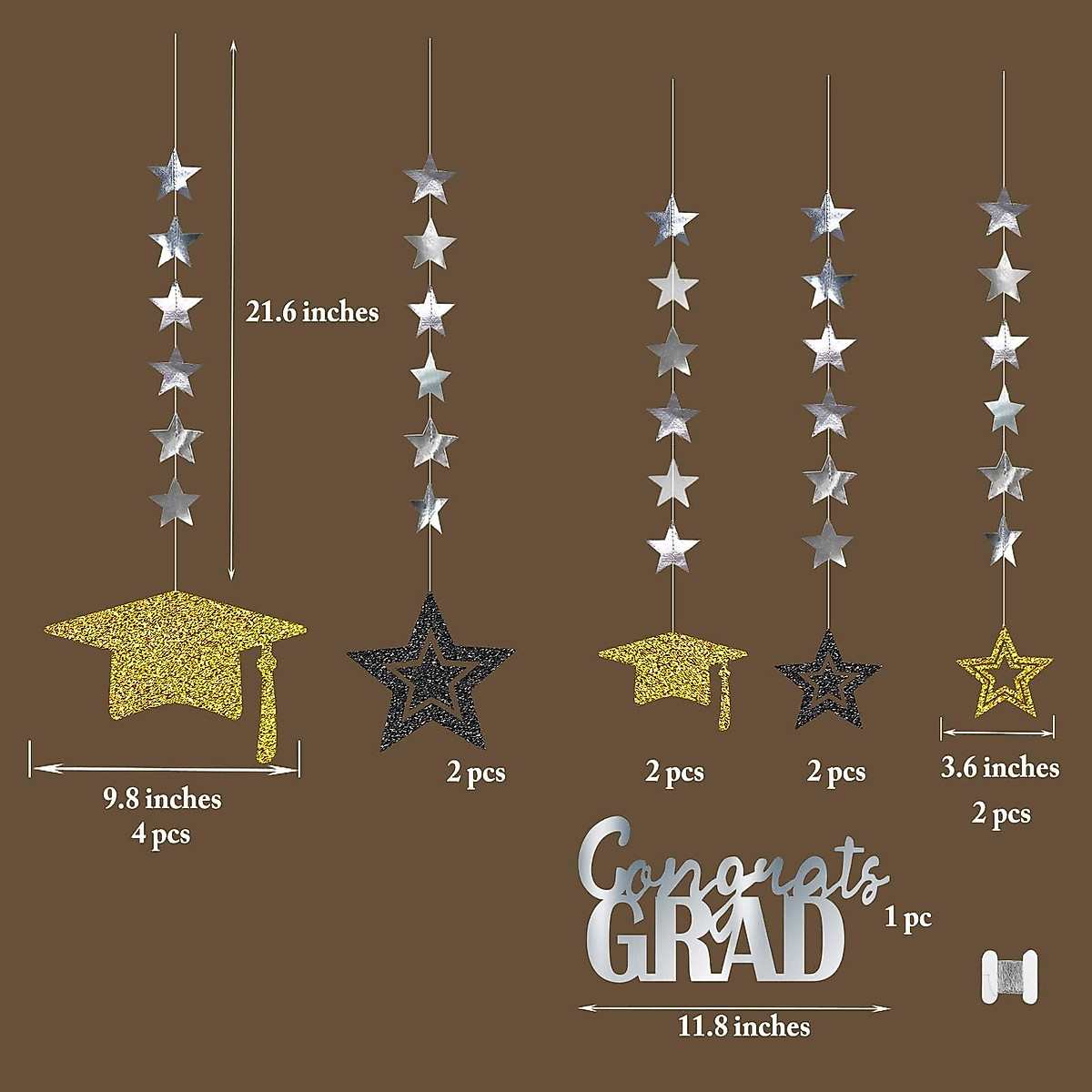 Cheerland Gold Silver Black Graduation Party Decoration Kit Black Cap Decor Shiny Congrats Grad Banner Star Hat Garland Streamer Banner Backdrop Photo Booth Background for Ceiling Home Classroom