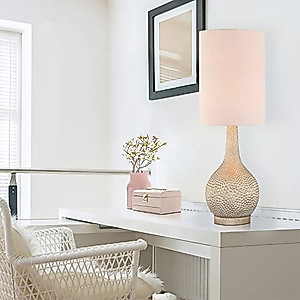 Catalina Lighting 19100-000 Champagne Silver Hammered Table Lamp with Linen HaRoundback Cylindrical Shade, 31"