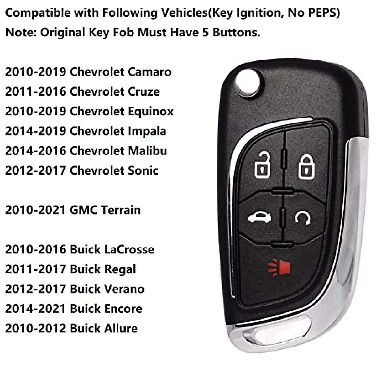 Upgraded Remote Key Fob Replacement Fits for Chevy Cruze Equinox Camaro Impala Malibu Sonic Buick Regal Verano Encore Lacrosse Allure GMC Terrain Keyless Entry Remote Start Control OHT01060512