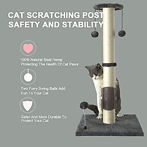 PEEKAB 32" Tall Cat Scratching Post Sisal Scratch Posts with Hanging Ball and Self-Massage Brush Vertical Scratcher for Indoor Cats and Kittens(Gray 32inches)