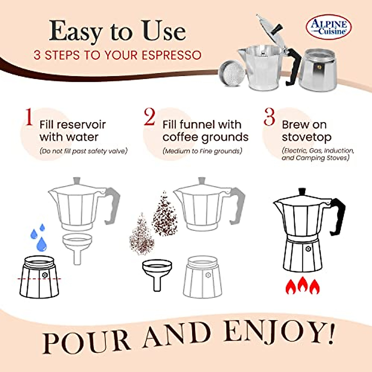 Alpine Cuisine Stovetop Espresso Maker 12.5 Oz, 9 Espresso Cups Moka Pot for Classic Italian and Cuban Coffee Maker, Aluminum Moka Pot, Makes Delicious Coffee, Excellent Camping Coffee Pot