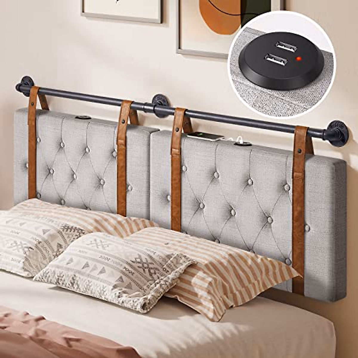 GREENSTELL Wall Mount Headboard with USB for King Size Bed, Linen Fabric Headboard Only, Industrial Pipe Modern Style, Gray Hanging Head Boards, Durable, Comfortable, Button Upholstered for Bedroom
