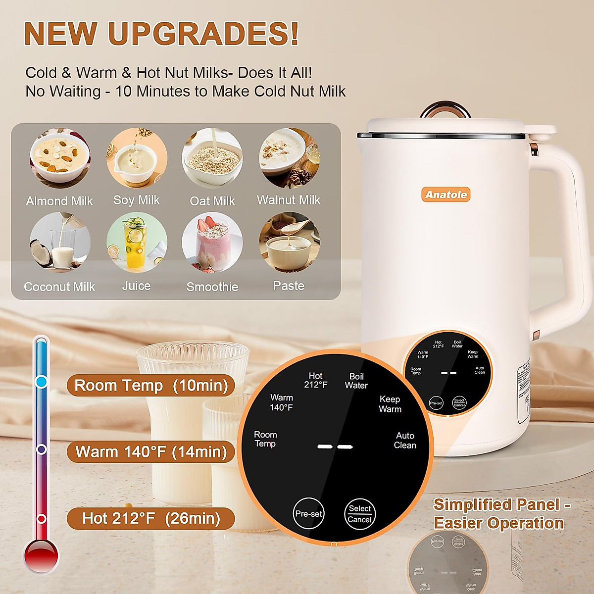 Anatole Nut Milk Maker 34oz 1000ml Cold Warm Hot Almond Milk Machine Soy Oat Cow Plant-Based Milk Blender Homemade Dairy-Free Juice Paste with 10 Stainless Steel Blades 12 Hours Timer Recipes