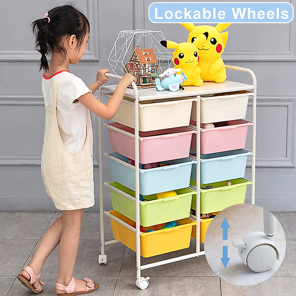 Ytaoka 10 Drawers Rolling Storage Cart, Plastic Drawer Cart with Metal Frame, Multipurpose Art Craft Cart Organizer with Wheels, Utility Cart with Drawers for Home, Office, School, Multicolor