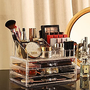 Cq acrylic 2 Pack Clear Skincare Organizer for Vanity,Stackable 3 Drawers Make Up Organizers,Cute Cosmetic Organizer for Vanity Jewelry,Hair Clip,Beauty,Skincare Product Dresser Acrylic Desk Organizer
