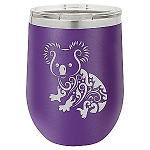 12 oz Double Wall Vacuum Insulated Stainless Steel Stemless Wine Tumbler Glass Coffee Travel Mug With Lid Fancy Koala Bear (Purple)