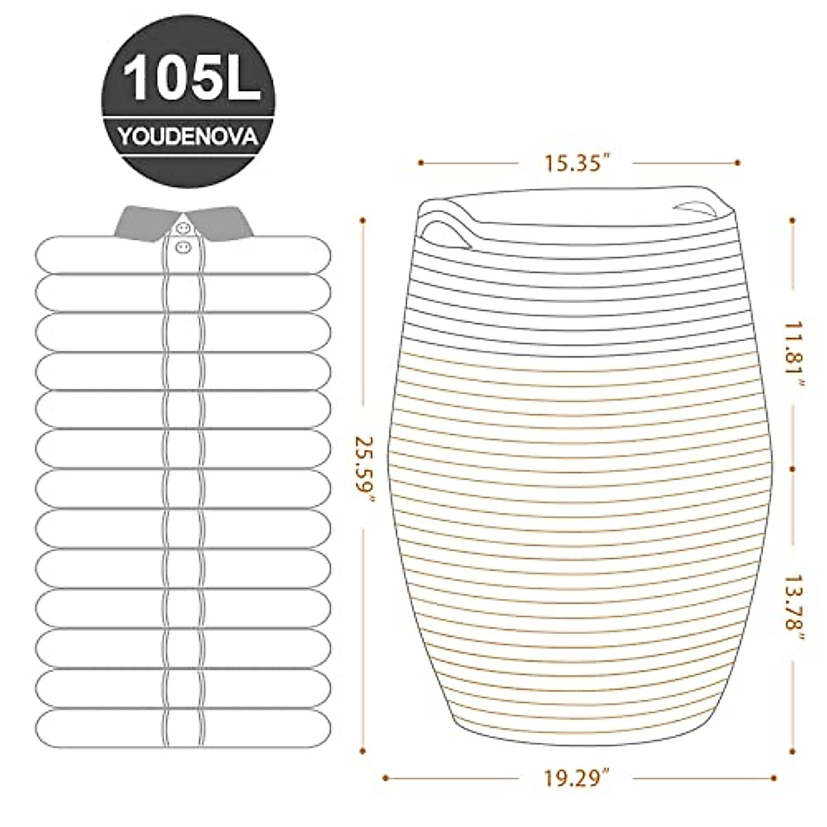 Cotton Rope Laundry Hamper by YOUDENOVA, 105L - Woven Collapsible Laundry Basket - Clothes Storage Basket for Blankets, Laundry Room Organizing, Bedroom Storage, Clothes Hamper – Brown & White