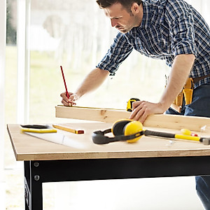 Work Bench, 48" Adjustable Height Work Table, Heavy Duty Oak Wood Workbench, Garage Work Bench Table, 2000 LBS Load Garage Workbench with Power Outlet for Garage/Kitchen/Home/Office