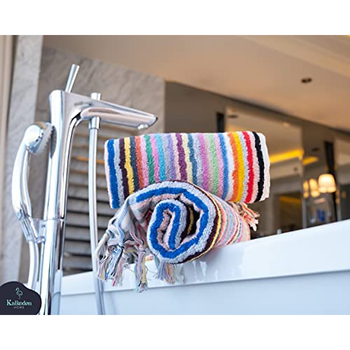 Striped Hand and Bath Towels for Bathroom | Set of 2 Hand Towels | Organic Turkish Cotton | Large Soft Plush Fluffy Absorbent Ribbed Bath Towels (Hand Towel Set, Rainbow)