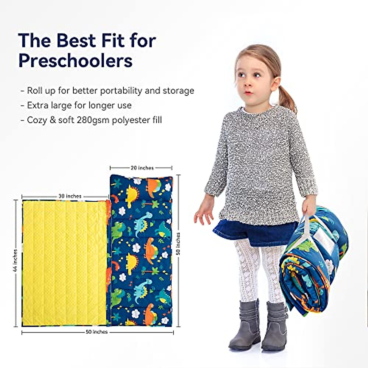 Kids Nap Mat with Weighted Blanket 3lb for Daycare, Insugar Weighted Sleeping Bag with Pillow, 2 in 1 Toddler Nap Mat Weighted for Preschool and Sleepovers, 50 x 20 Inches, Blue Dinosaur