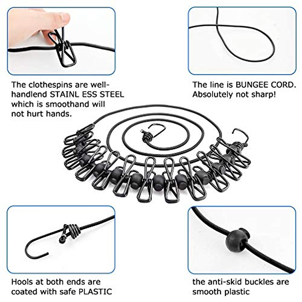 Roctee 3 Pack Portable Travel Clothesline with All 36 Clothespins, Retractable Clothesline Outdoor Laundry Line for Drying Clothes Heavy Duty Windproof (Black)