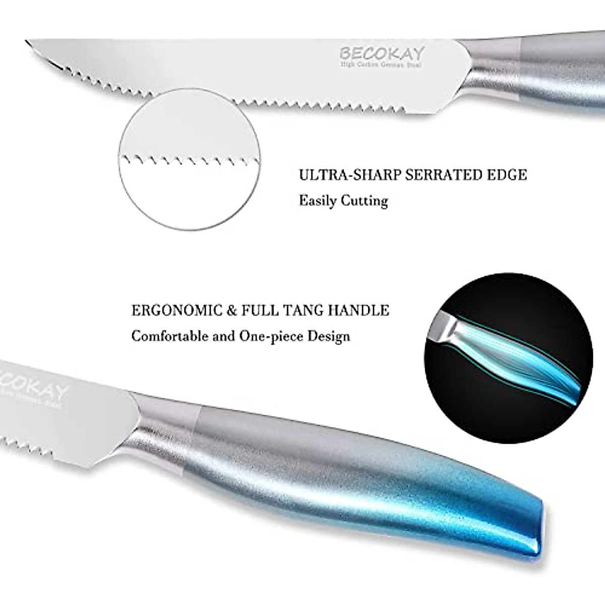 BECOKAY Steak Knives Set of 4, High Carbon German Stainless Steel Serrated Steak Knives, Ultra Sharp Steak Knife, Elegant Blue Kitchen Knife with Ergonomic Handle Gift Box for Mom Girlfriend Outdoor