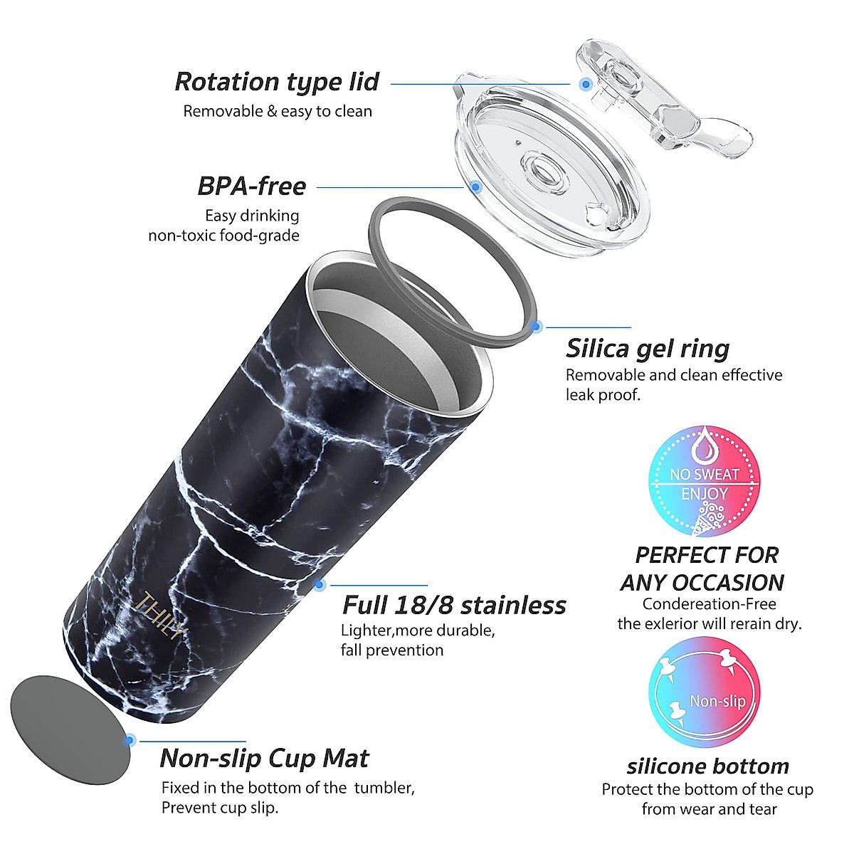 THILY Stainless Steel Vacuum Insulated Tumbler Travel Mug 26 oz Coffee Cup with 2 Lids and Straws, Splash Proof, Keep Ice Drinks Cold, Black Marble