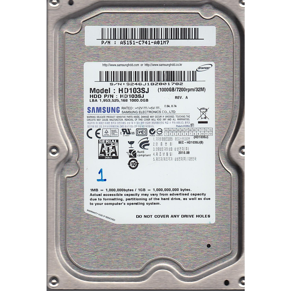 HD103SJ, HD103SJ, REV A, Samsung 1TB SATA 3.5 Hard Drive