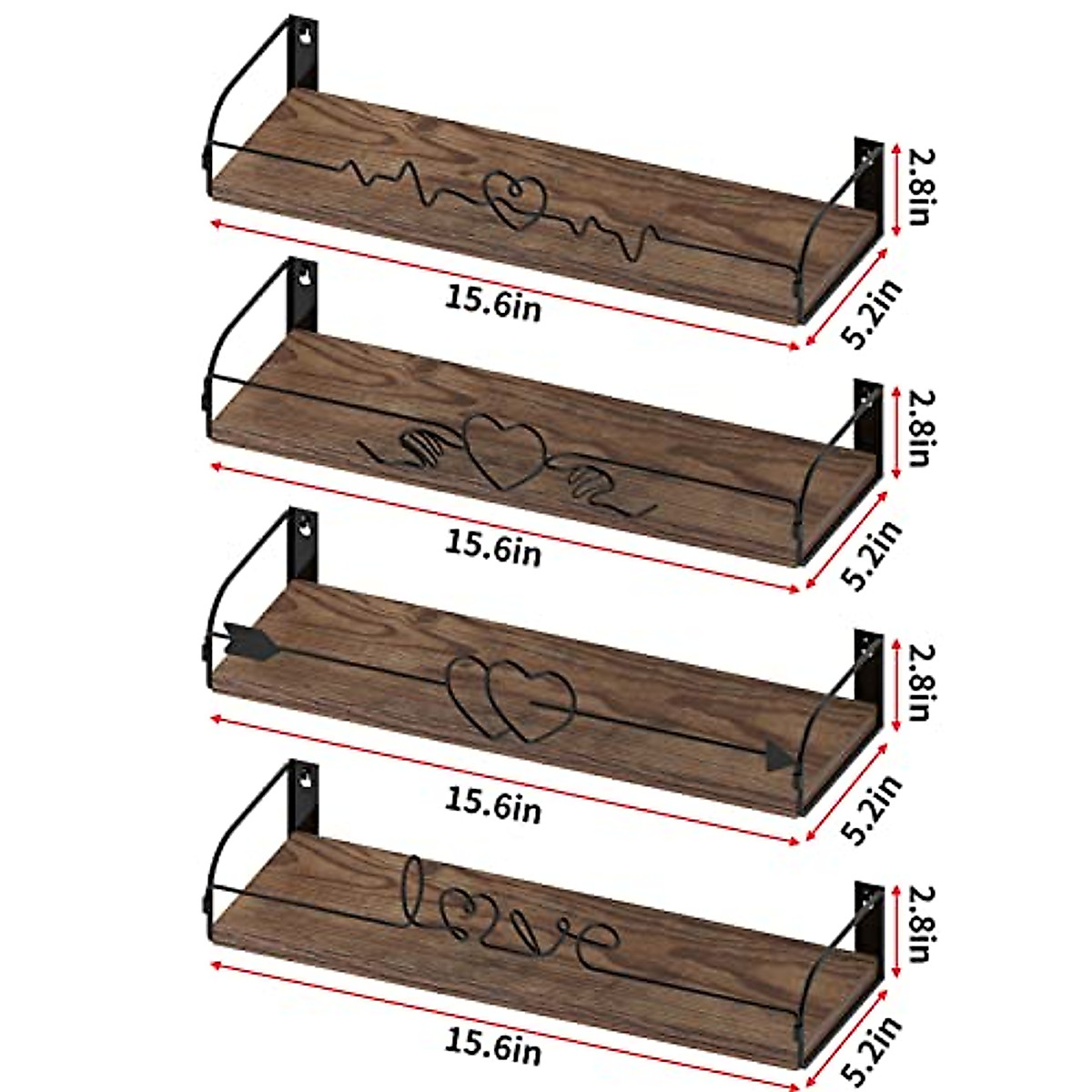 Lyeasw Floating Shelves Heart Shaped Wall Shelf, Rustic Wood Heart Shaped Shelving for Bedroom Kitchen Living Room Nursery Bathroom, Set of 4