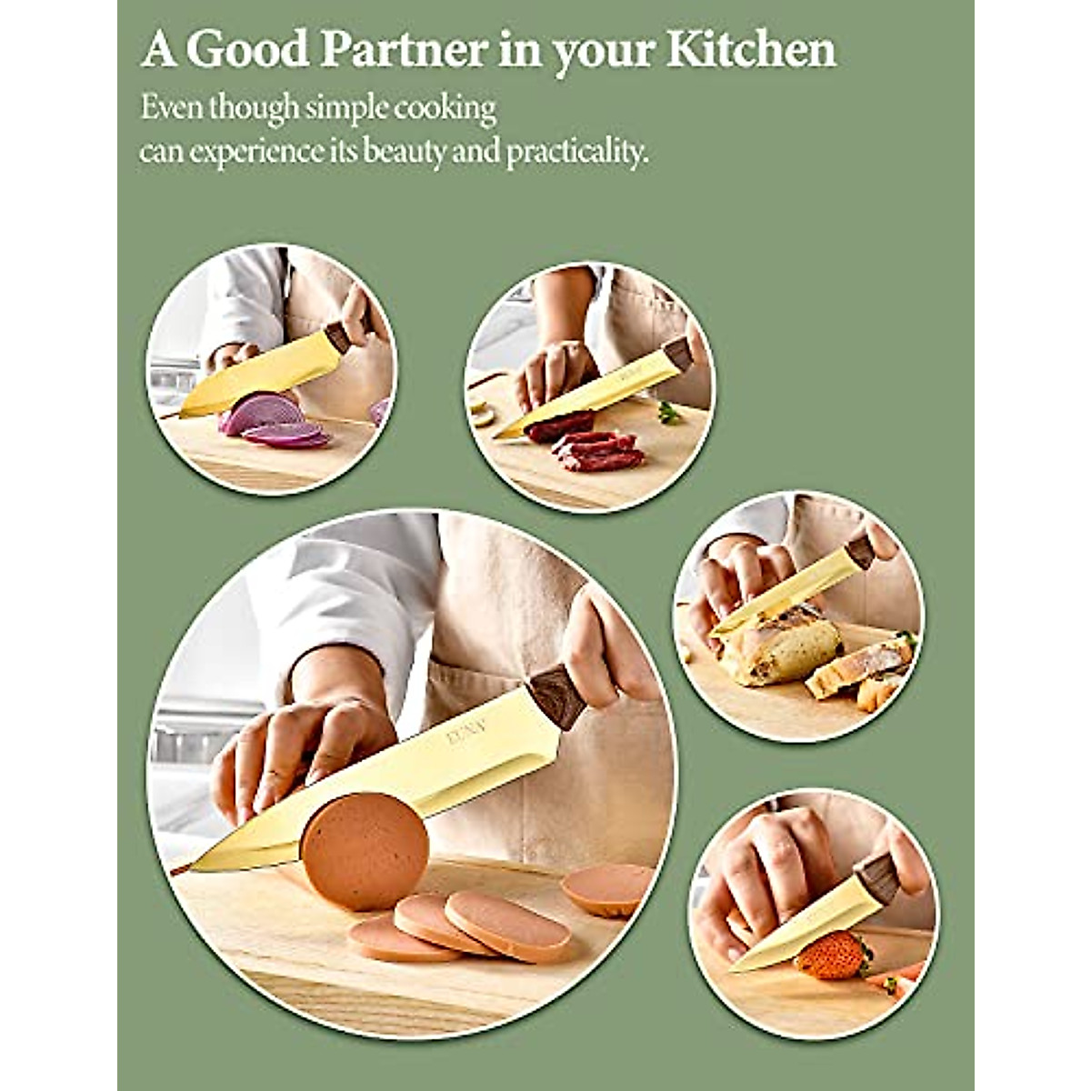 EUNA 5 PCS Chef Knife Set Ultra Sharp Kitchen Knife Set with Sheaths and Gift Box,Premium German Stainless Steel Knives Set for Kitchen with PP Ergonomic Handle (Gold)