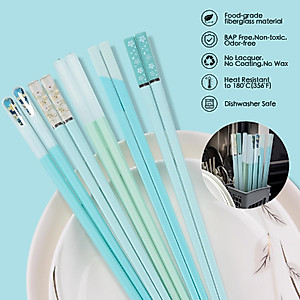 Chopsticks Reusable Dishwasher Safe, GLAMFIELDS 5 Pairs 9.5 Inches Premium Chop Sticks Set for Sushi, Ramen, Asian Cuisine, Matte Non-slip with Gift Case, Light Blue