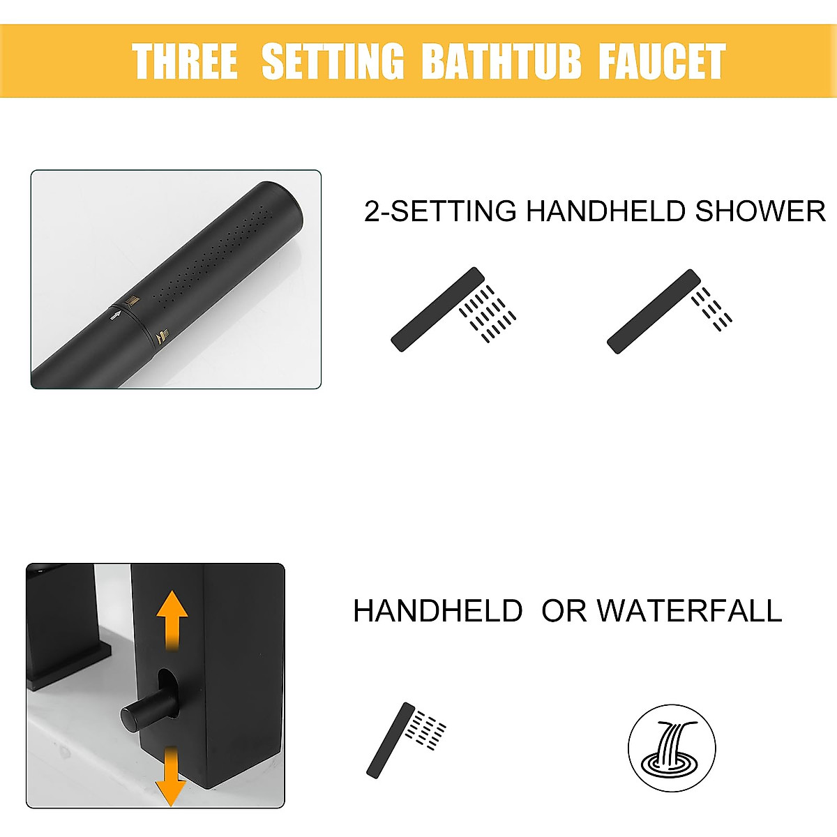 BESy Waterfall Roman Bath Tub Faucets with Sprayer, Deck Mount Matte Black Bathtub Faucets Set, Tub Filler with Brass 2 In 1 Handheld Showerhead, Bathroom Shower Faucet Fixture Combo cUPC Lines