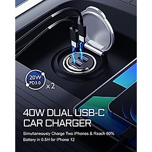 USB C Car Charger, 40W PD 3.0 Smallest Dual Type C Car Power Adapter Flush Fit Cigarette Lighter Quick Charge Compatible with iPad, iPhone13/12/11 Pro Max/X, Samsung Galaxy S21/S20/S10/S9/S8 and More