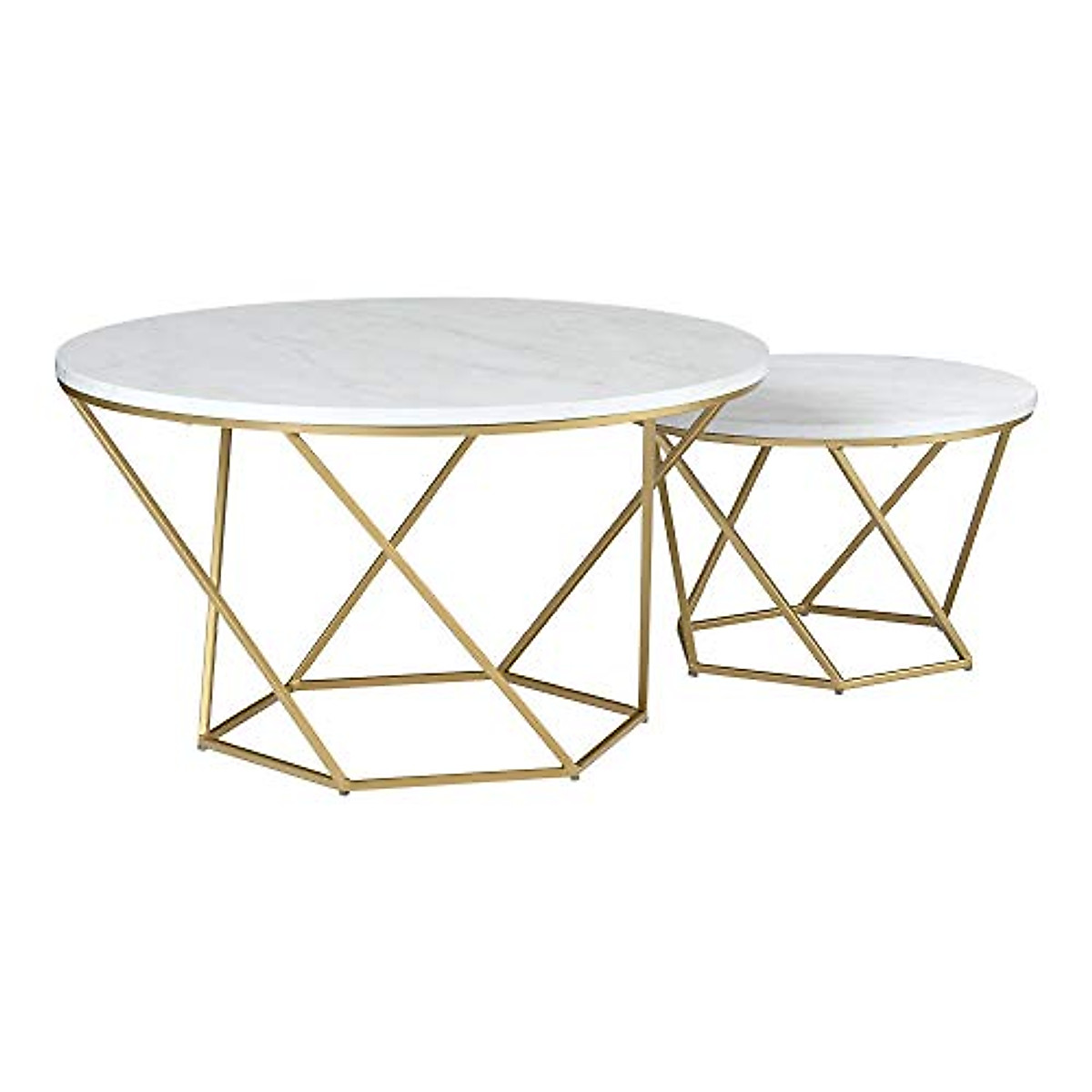 Walker Edison Modern Round Nesting Coffee Table Living Room Accent Ottoman Storage Shelf, Set Of 2, Marble and Gold