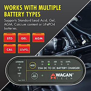 Wagan EL7410 12V 25A DC to DC Battery Charger with Solar Input MPPT Controller for SLA, Flooded, Gel, AGM, Calcium and Lithium, Using Multi-Stage Charging in RVs, Vehicles, Boats and Yachts
