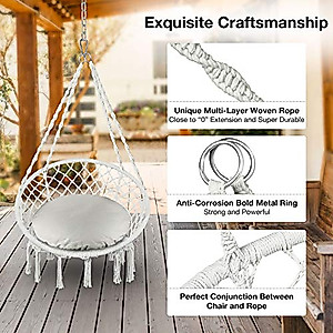 Greenstell Hammock Chair, Macrame Swing with Cushion and 304 Stainless Steel Hanging Kits, Max 330Lbs Hanging Cotton Rope Swing Chair, for Indoor, Outdoor, Home, Patio, Yard (Beige)