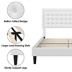 HIFIT King Size Bed Frame, Upholstered Platform Bed with Button Tufted Adjustable Headboard, Modern Faux Leather Upholstered Mattress Foundation, No Box Spring Needed, Easy Assembly, White