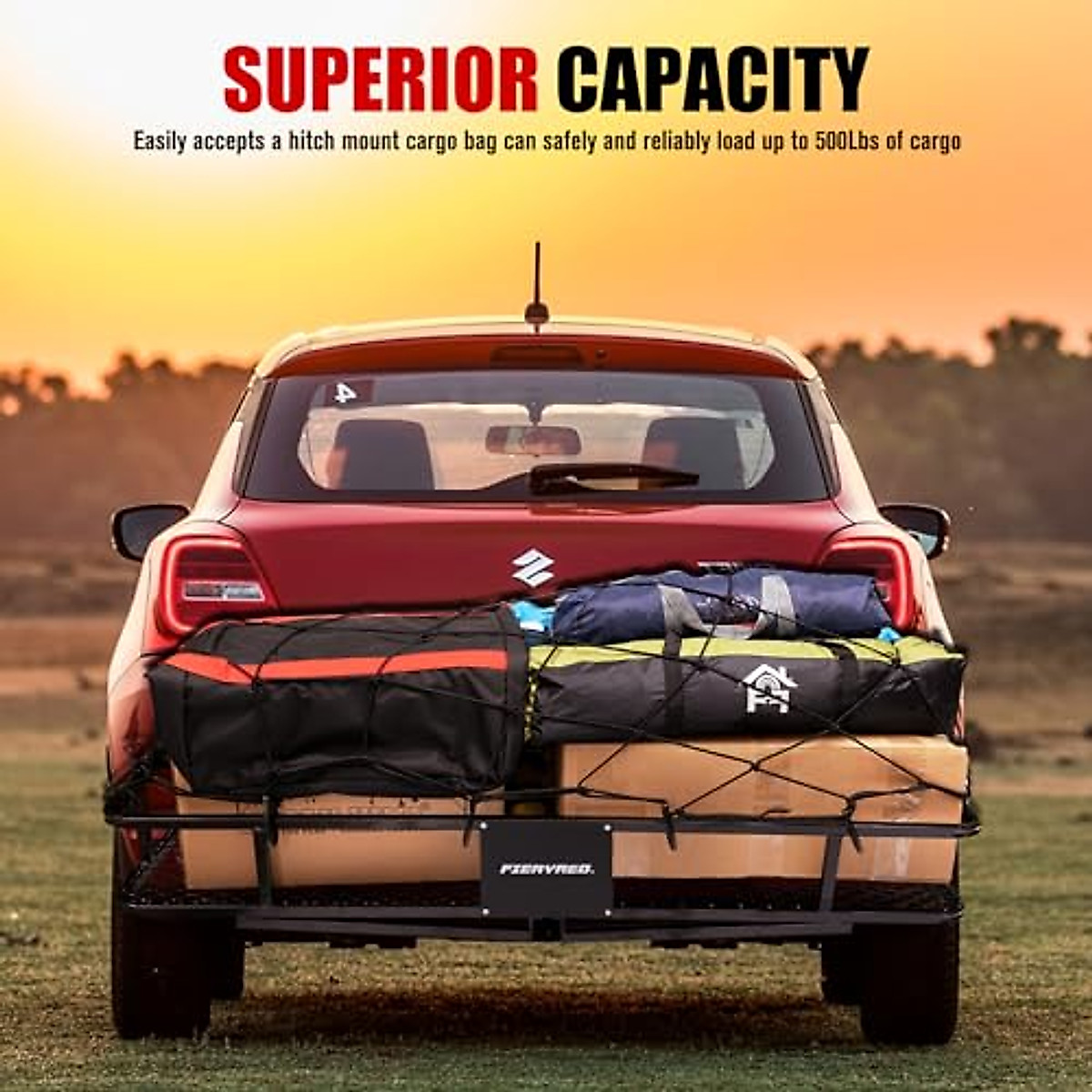 FIERYRED Folding Hitch Mount Cargo Carrier 60" x 20" x 7", 500 LBS Heavy Duty Trailer Hitch Mount Cargo Basket with Net & Hitch Stabilizer, Fit 2" Receiver for SUV, Truck, Car