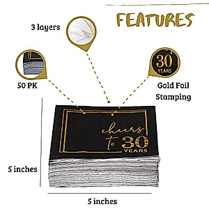 Cheers to 30 Years Cocktail Napkins - 50PK - 3-Ply 30th Birthday Napkins 5x5 Inches Disposable Party Napkins Paper Beverage Napkins for 30th Birthday Decorations Wedding Anniversary Black and Gold