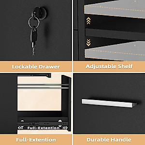 Shahoo 3 Drawer Filing Cabinet, Mobile Lateral Printer Adjustable Open Storage Shelf, Lockable Wheels for Home Office, Dark Black