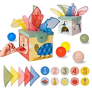 Taf Toys Sensory Baby Tissue Box, Object Permanence Box, Imaginary Play for Infants & Toddlers, Montessori Square Sensory Toys Colorful Pull Scarves, Play Balls & Cards Educational Preschool Learning