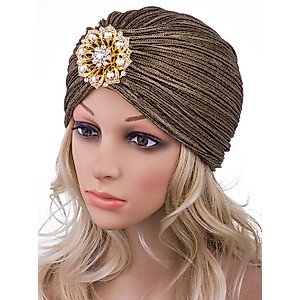 Vijiv Women's Vintage Lurex Knit Turban Beanie Hats Headwraps for 1920s Cocktail Party Gold