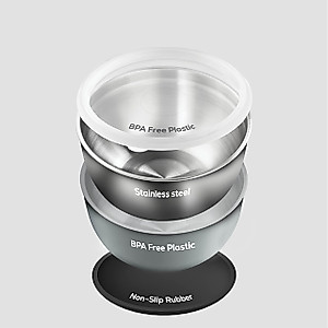 FineDine Stainless Steel Mixing Bowls with Lids Set, Stackable Nesting Dishware Bowls for Kitchen Space Storage Saving, Non-Slip Bottoms for Stability, 5 Quarts Salad Bowls